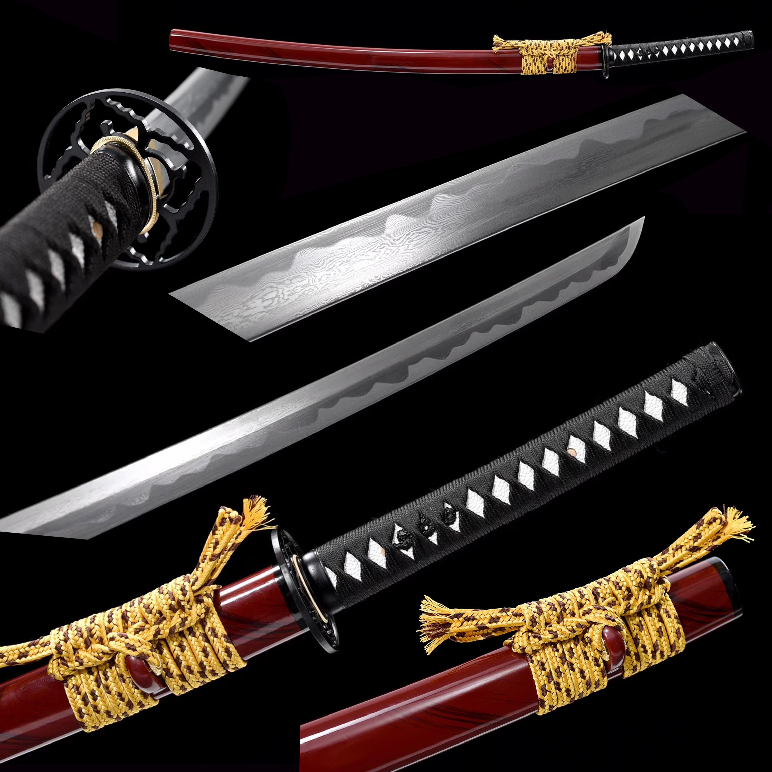 Hand Forged Folded Steel Samurai Katana Sword Iron Tsuba Dark Red Scab ...